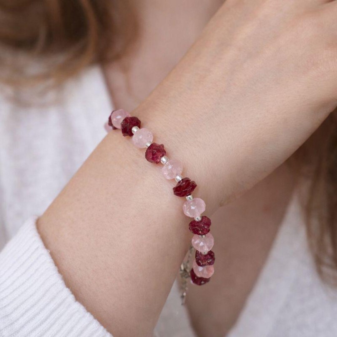 Handmade Ruby & Rose Quartz Bracelet: 925 Sterling Silver Beaded ...
