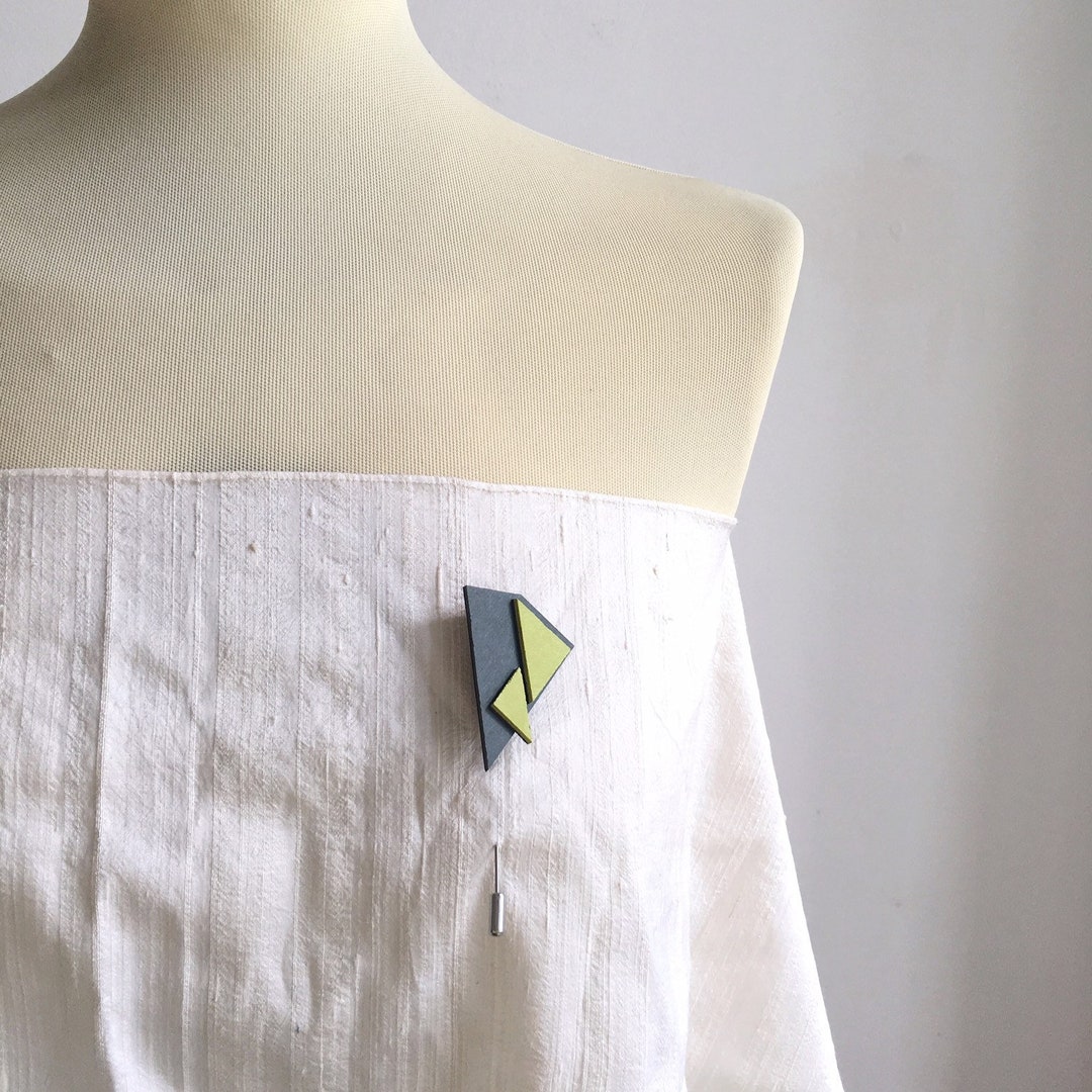 Geometric Brooch: Grey & Neon Green Linoleum Pin - Etsy