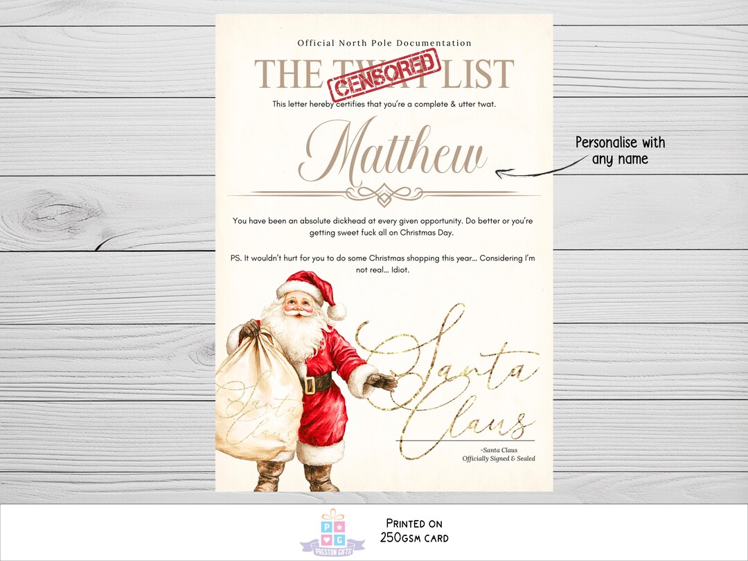 Funny Naughty List Letter A4, Personalised Sweary Santa Certificate ...