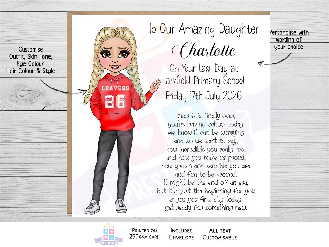 School Leavers Card for Girls, Last Day of Primary School Card ...