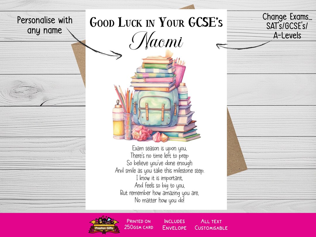Personalised Good Luck in Your Sat's Card, GCSE Good Luck Card for ...