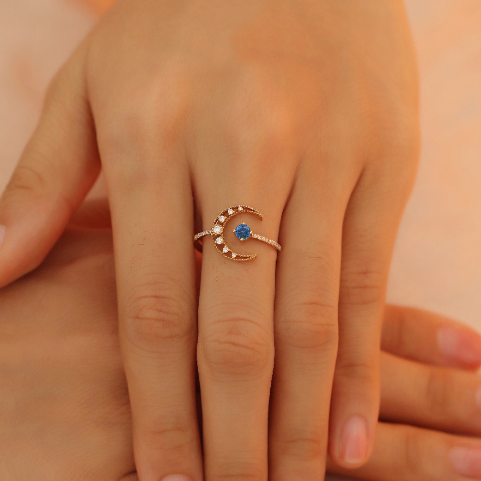 Moon ring / minimalist lab sapphire gemstone ring / vintage | Etsy