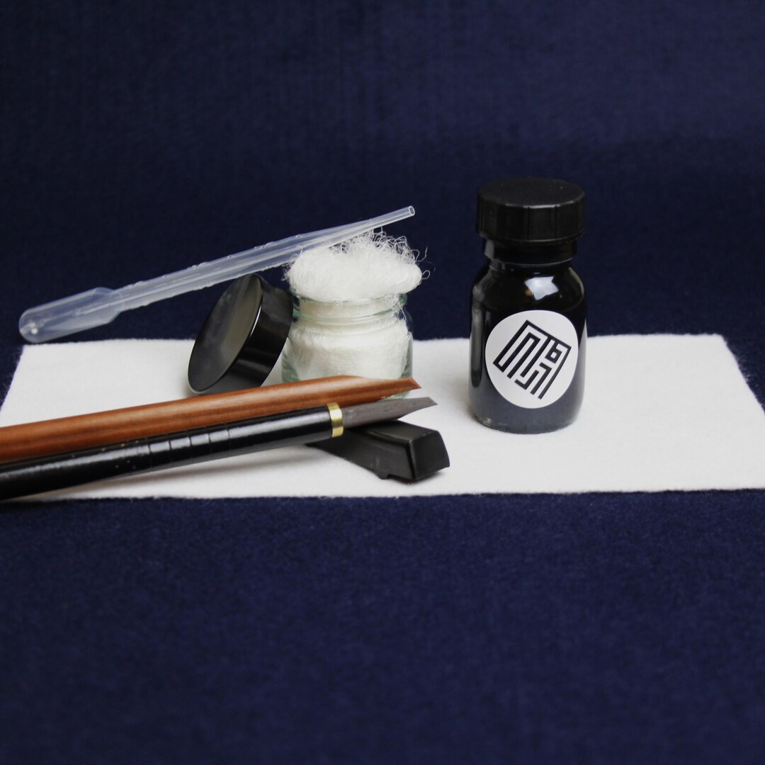 Small Set for Arabic Calligraphy - 2 Qalam Pens, Ink, Inkwell, Likka ...