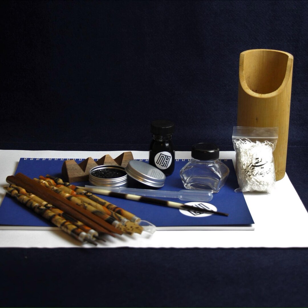 Large Set for Arabic Calligraphy - 7 Qalam Pens, Ink, Inkwell, Likka ...