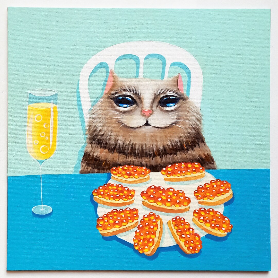 Made to Order, Commission Cat With Champagne Animals Food Caviar ...
