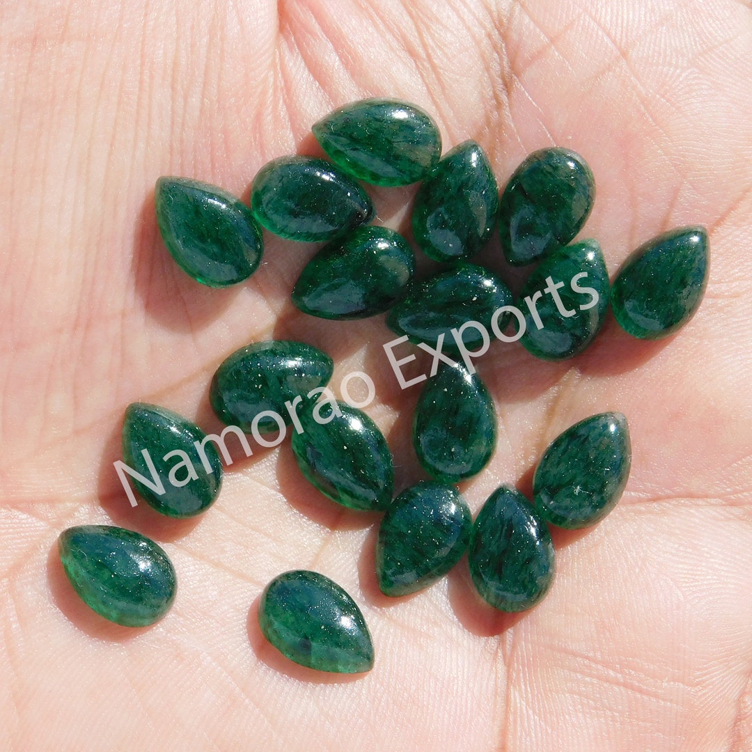 Natural Green Aventurine Cabochon Loose Gemstone, Back Side Flat Pear ...
