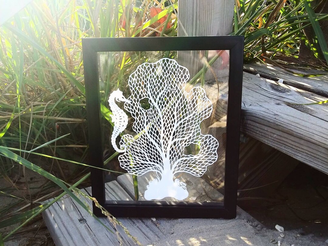 Seahorse and Sea Fan Coral Reef Nautical Marine Life Original Hand-cut ...