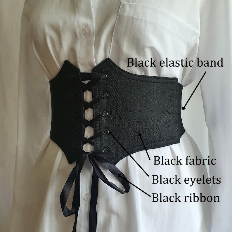 Underbust Black Floral Corset Belt up Elastic - Gothic Pirate ...