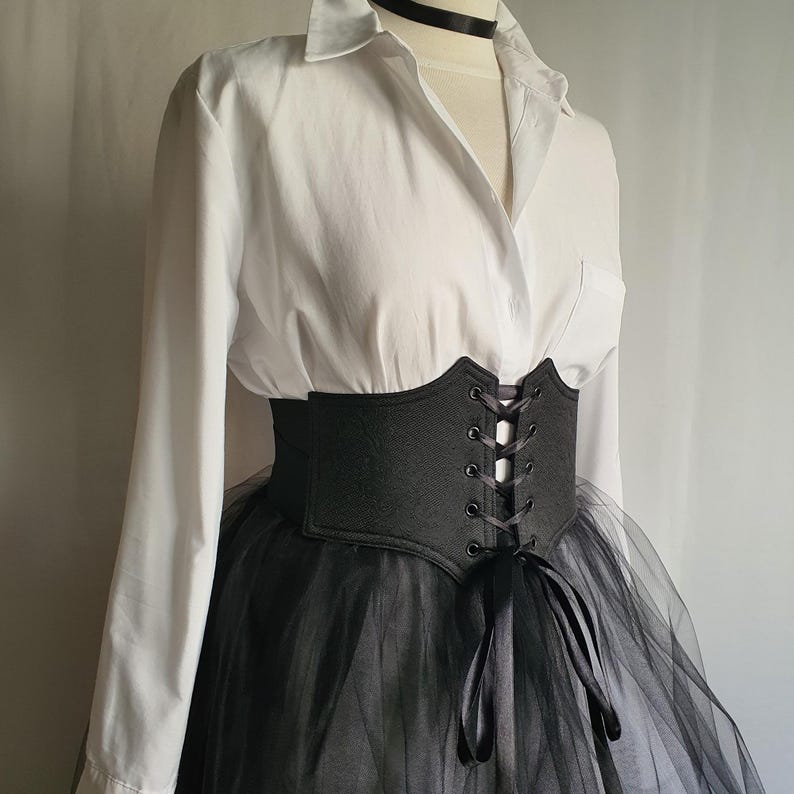 Underbust Black Floral Corset Belt up Elastic - Gothic Pirate ...
