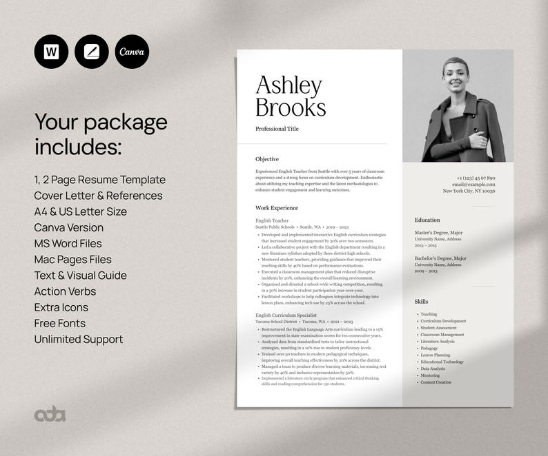 Modern Teacher Resume Template Word, Mac Pages & Canva | Perfect for ...