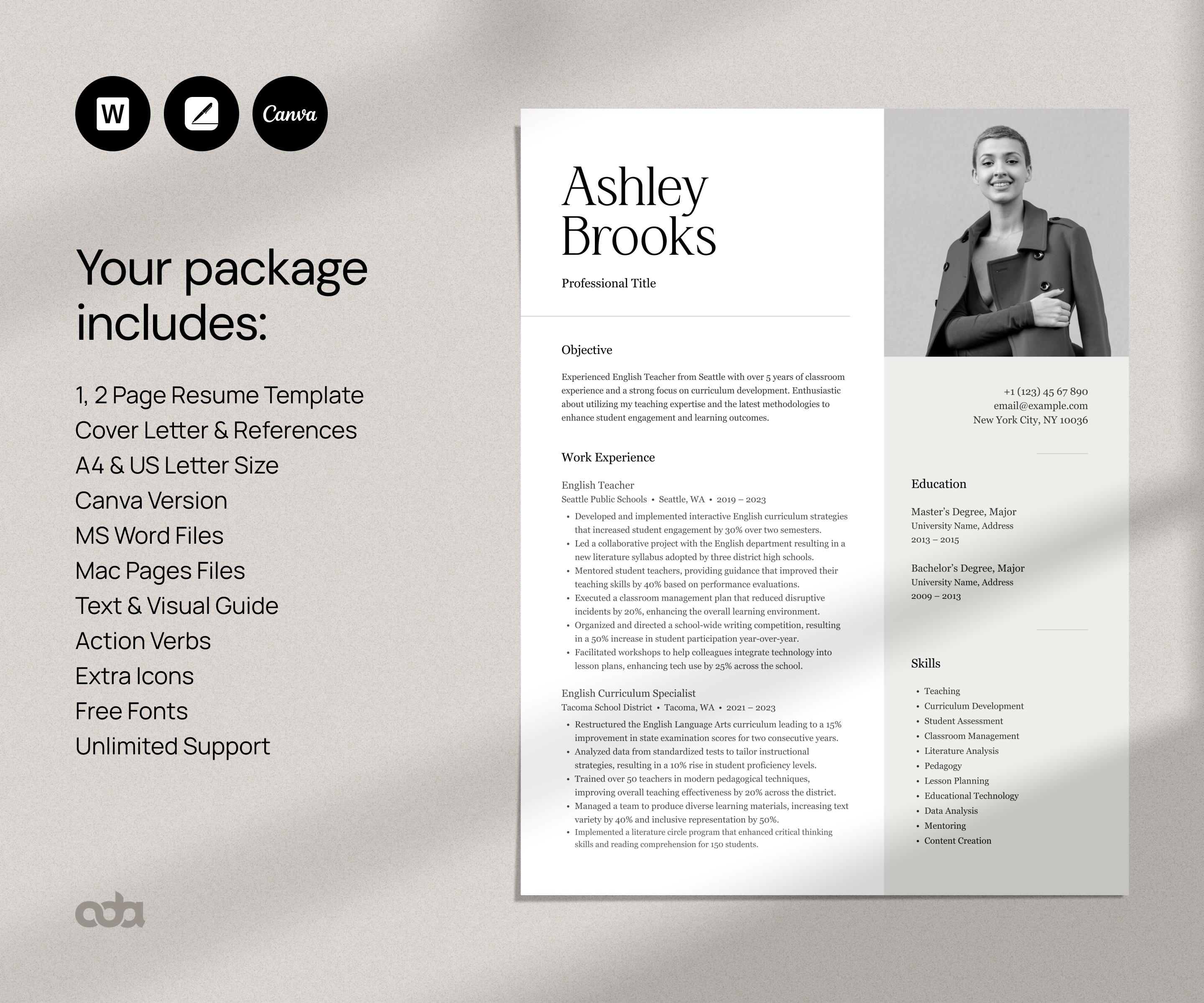 Modern Teacher Resume Template Word, Mac Pages & Canva | Perfect for ...