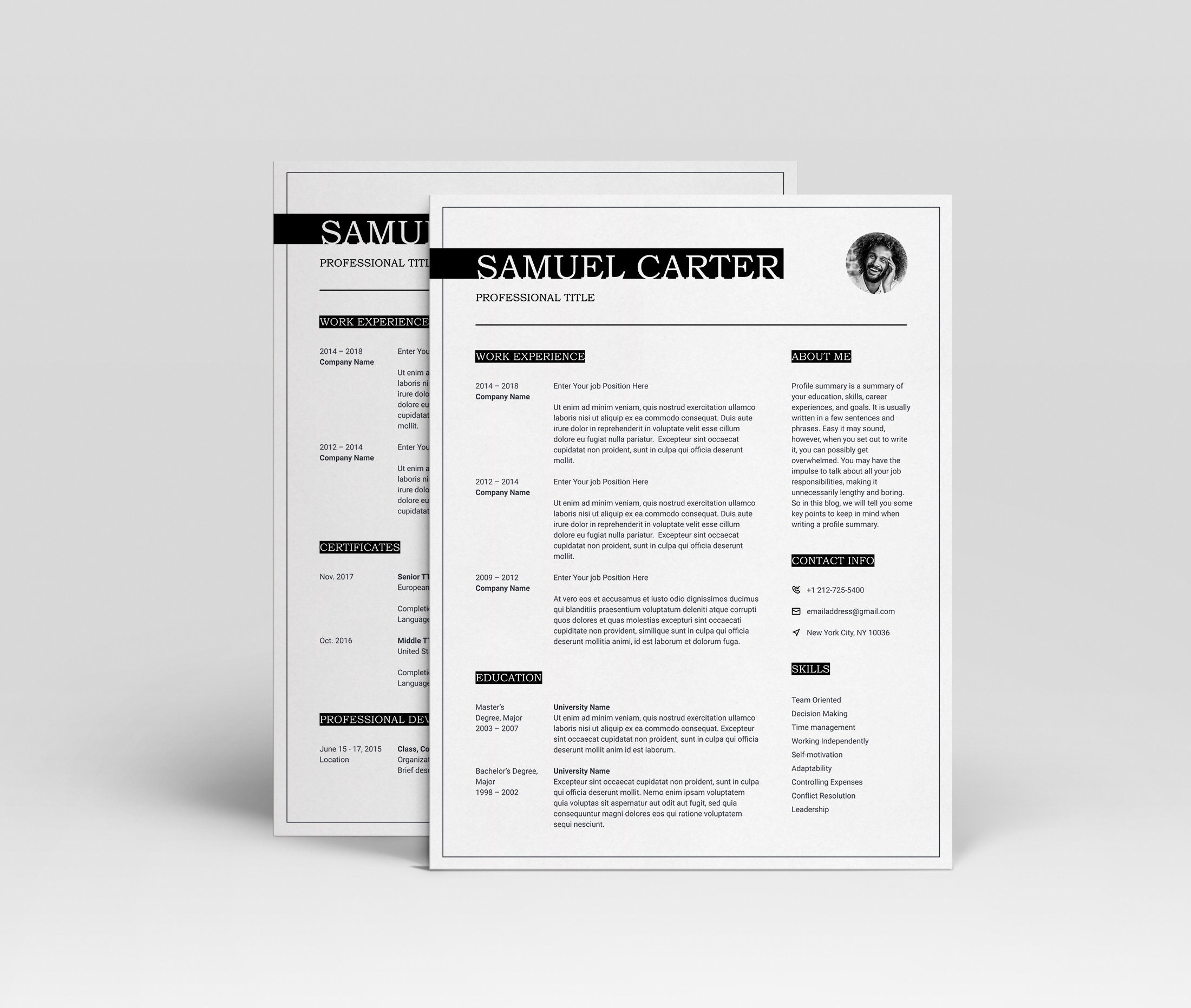 Modern Resume Template for Word, Black & White CV Template, Creative ...