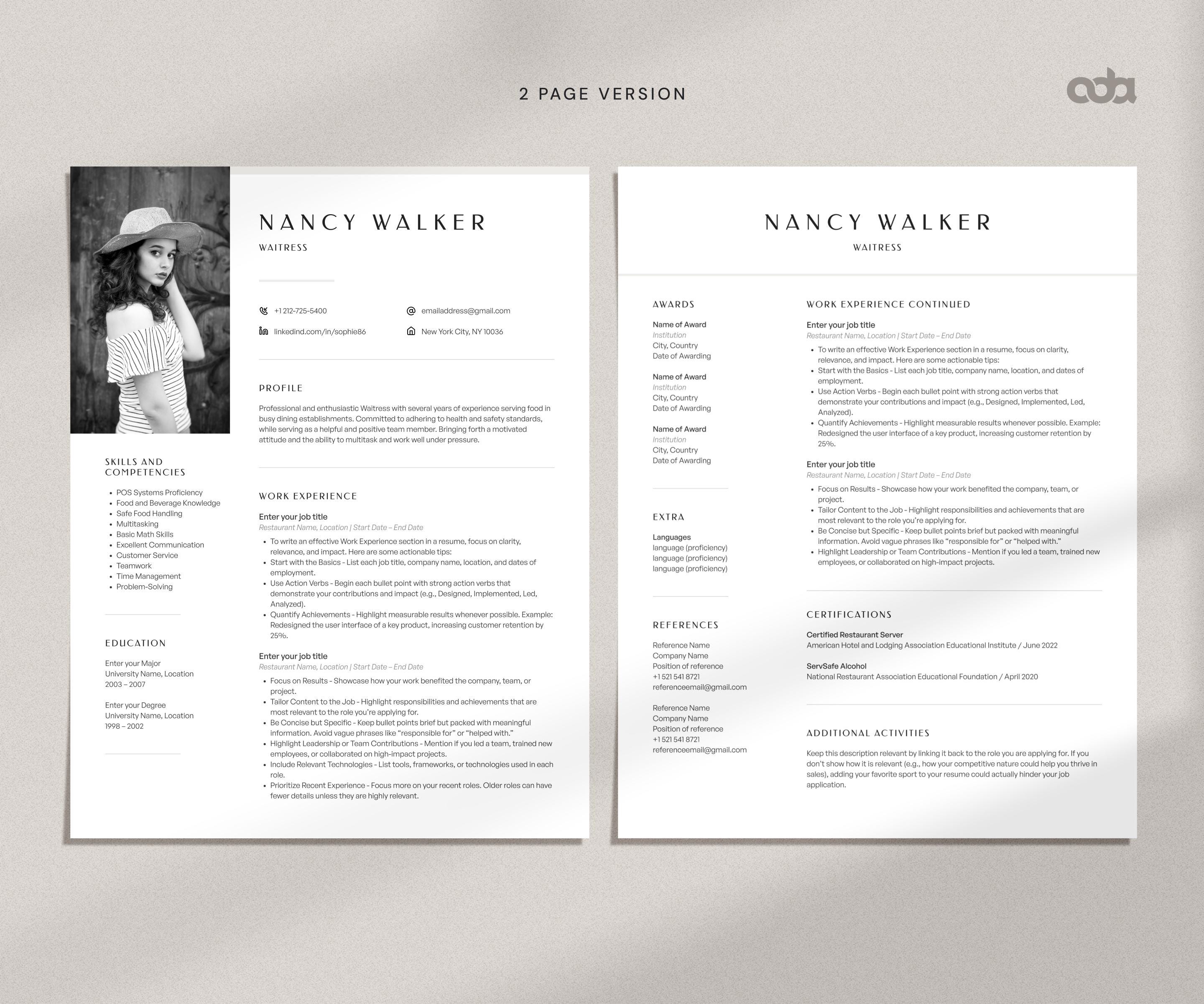 Waitress Resume Template With Photo. Restaurant Server CV Template for ...