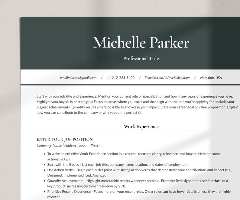 Modern ATS Resume Template: Single Column CV (word, Pages, Canva) - Etsy