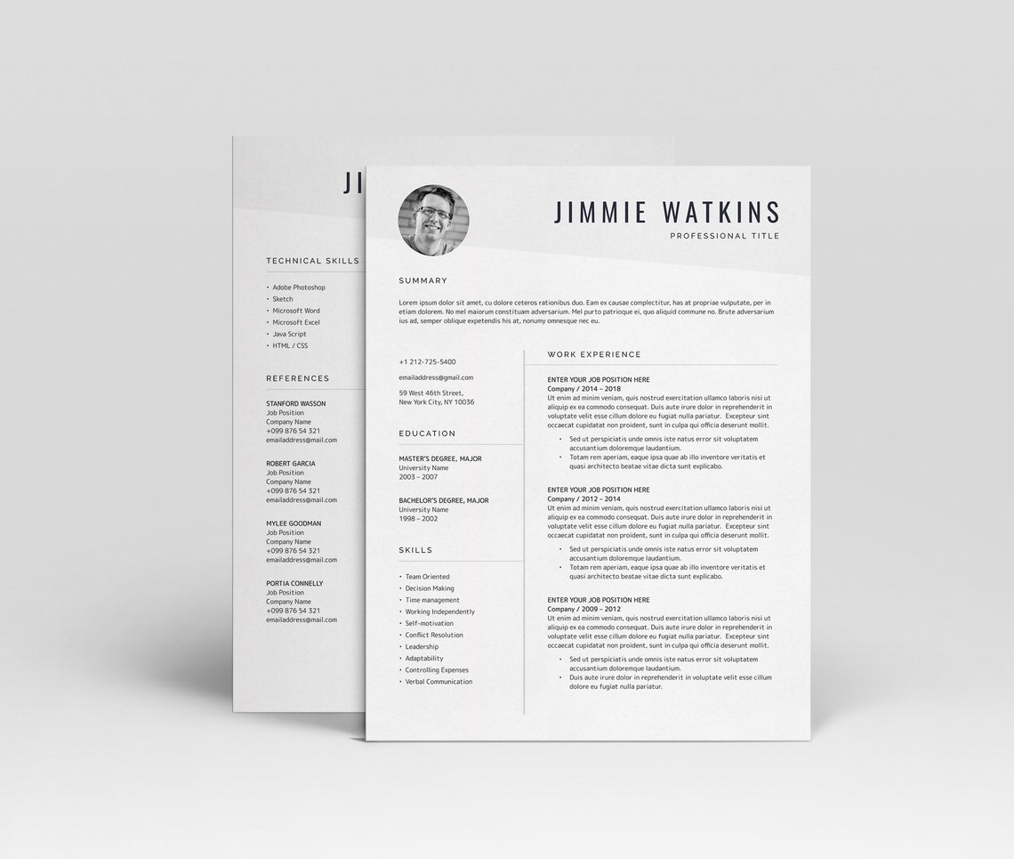 Minimalist Resume Template With Photo Professional CV for | Etsy