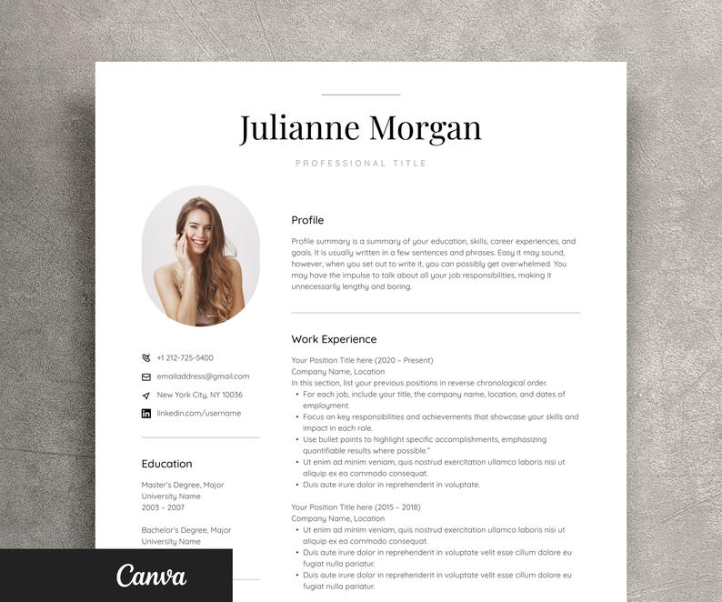 Canva Resume Template, Modern Resume Canva, Professional CV, Beauty Resume With Photo ...