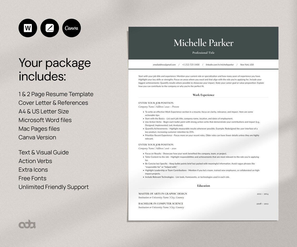 Modern ATS Resume Template: Single Column CV (word, Pages, Canva) - Etsy