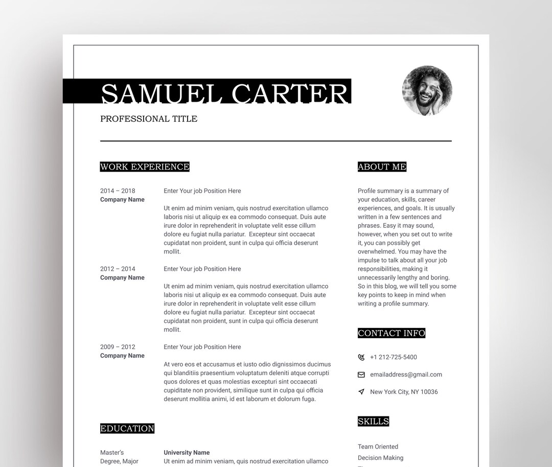 Modern Resume Template for Word, Black & White CV Template, Creative ...