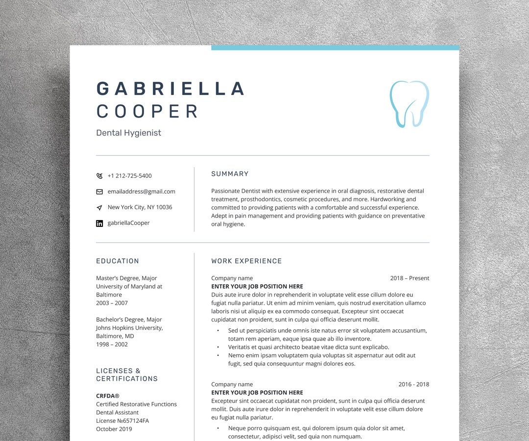 Dental Resume Template Word + Cover Letter + Reference, Dental ...