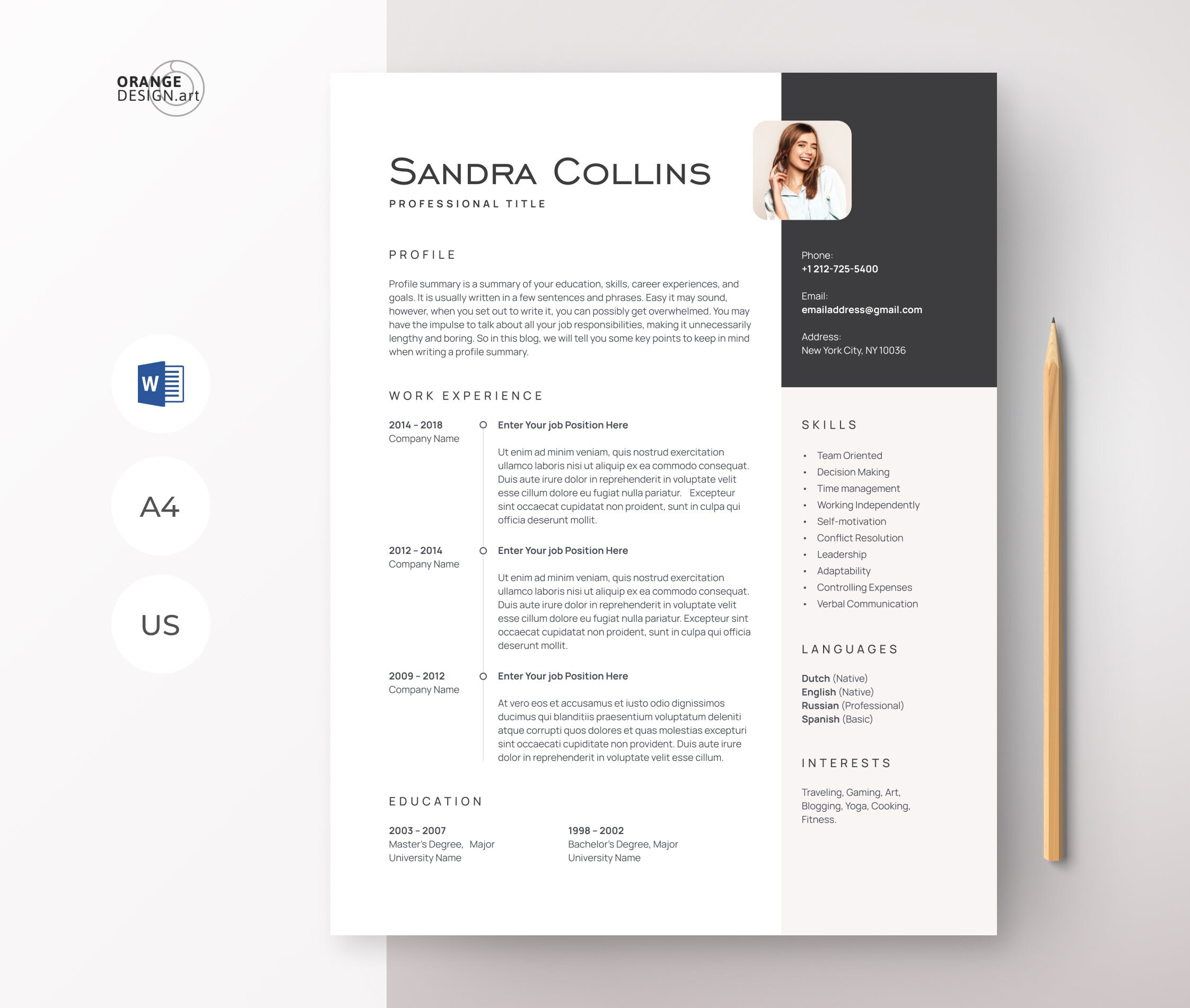 Professional CV Template With Photo, Resume Template for Word, Modern ...