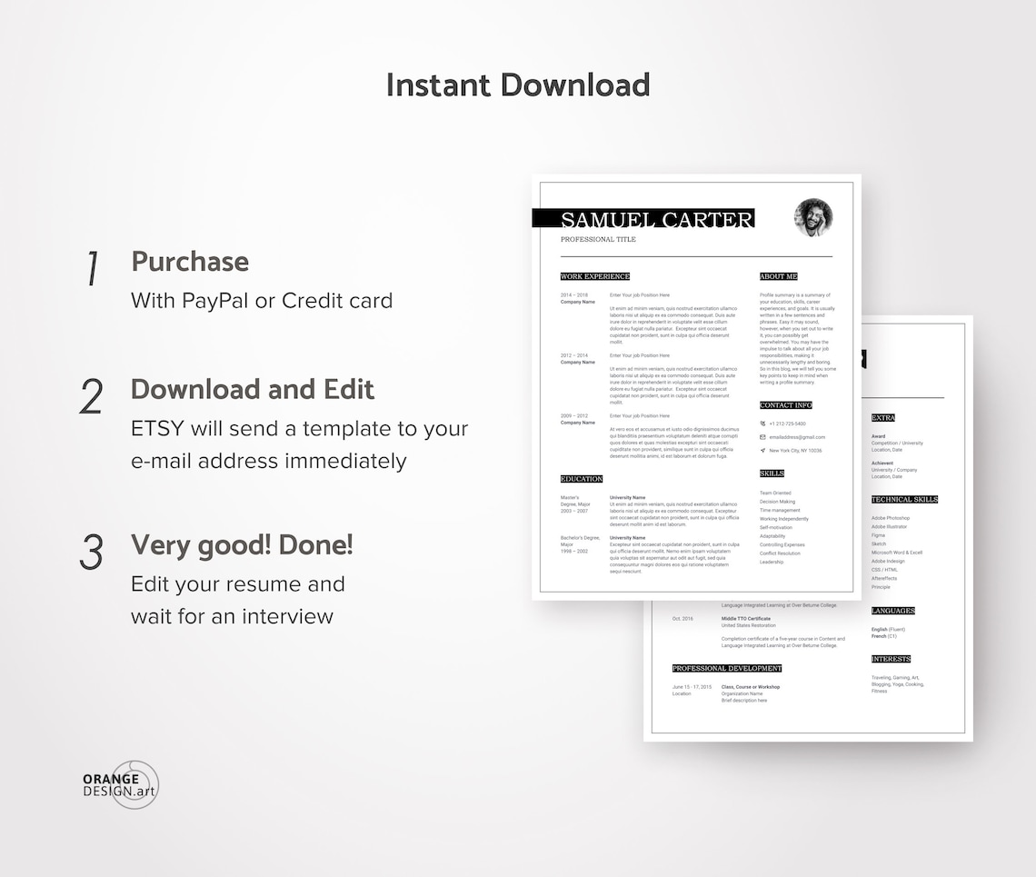 Modern Resume Template for Word, Black & White CV Template, Creative ...