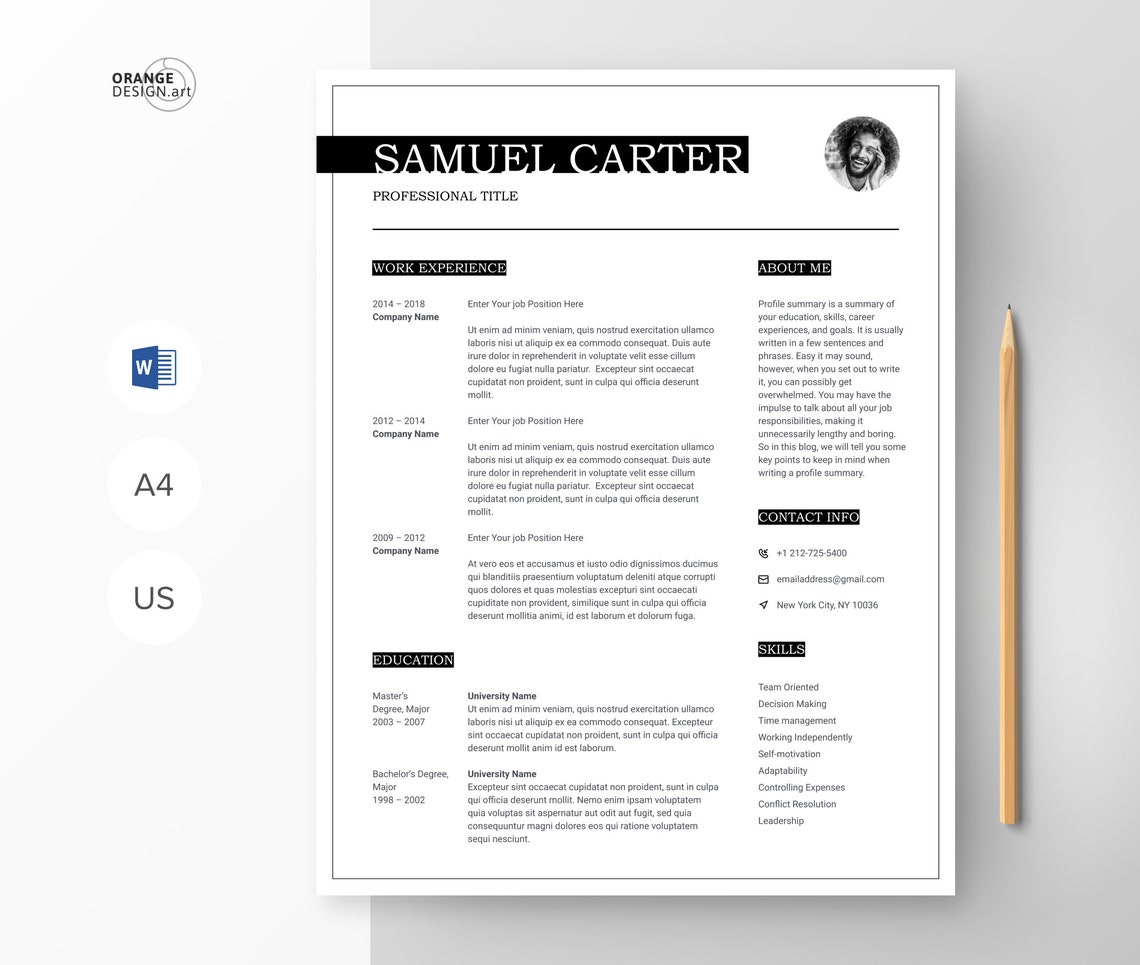 Modern Resume Template for Word, Black & White CV Template, Creative ...