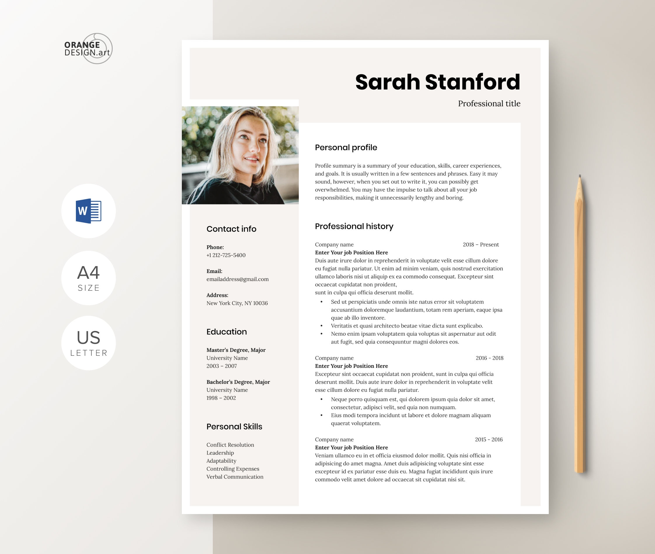 Elegant Resume Template for Word Professional CV With Photo - Etsy