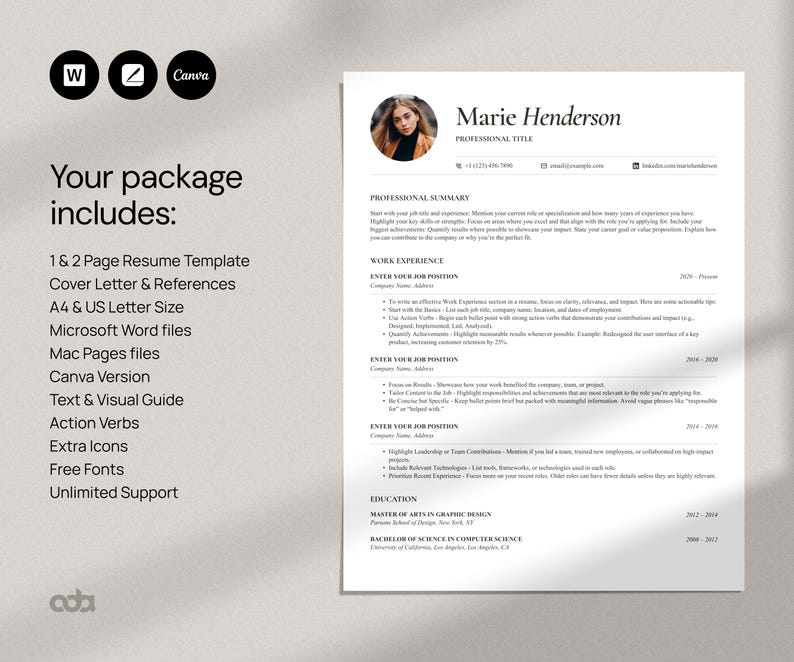 ATS Friendly Resume Template Word & Mac Pages, Executive Resume Canva ...