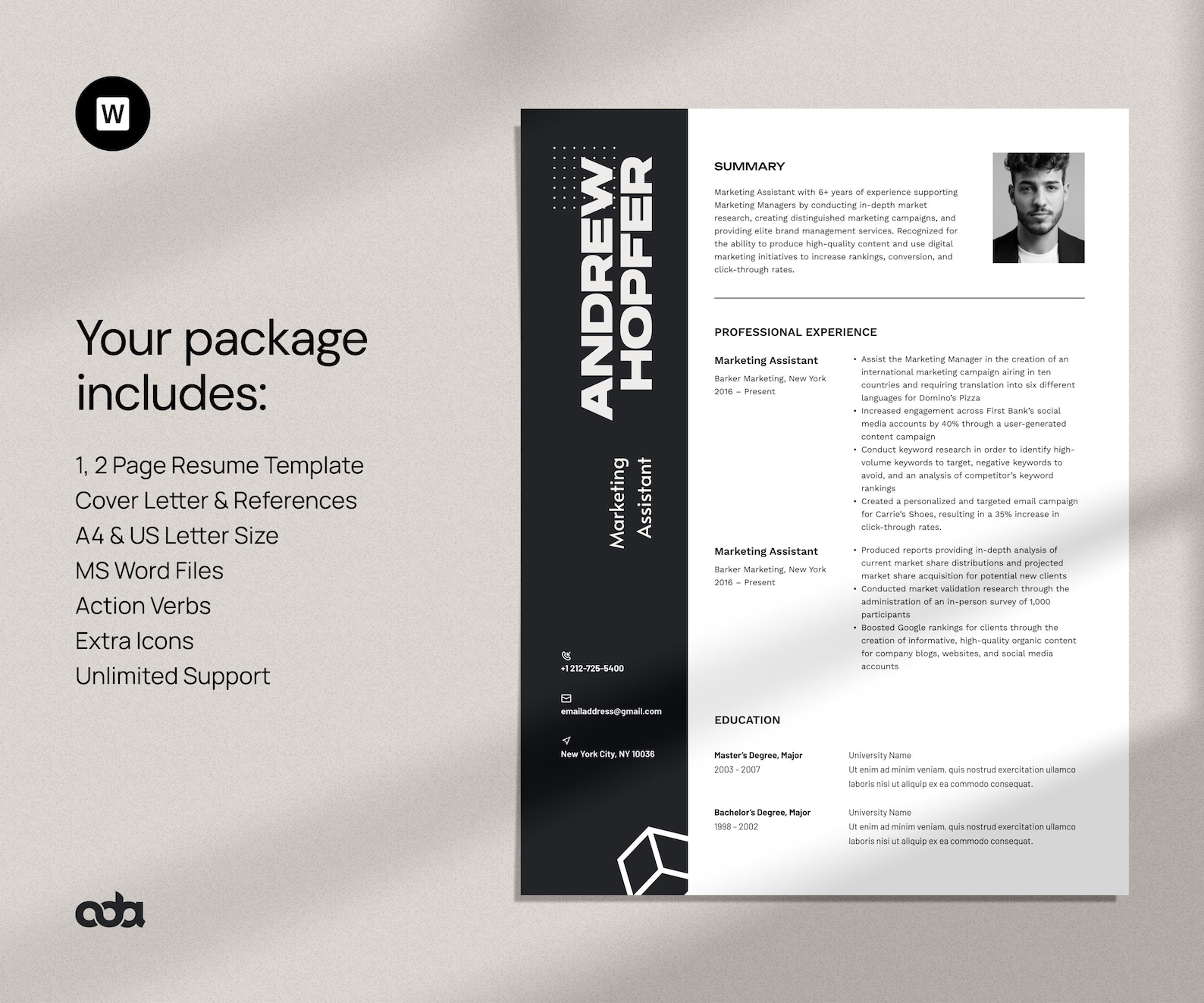 Modern Resume Word, Creative CV Design, Assistant Resume, Marketing CV ...