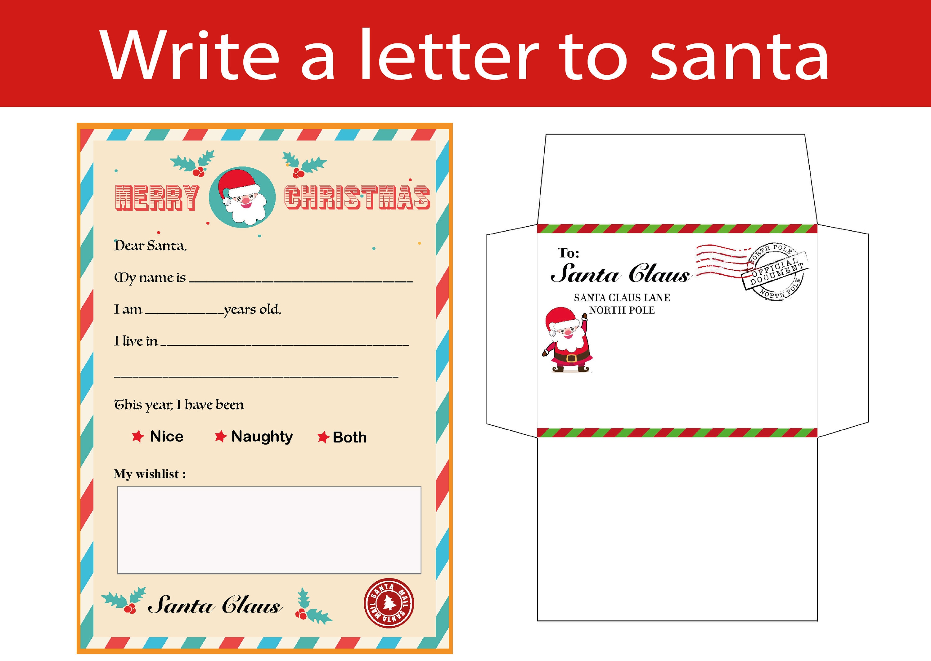 Digital Printable Letter to Santa Claus- Kids Christmas Wish List ...
