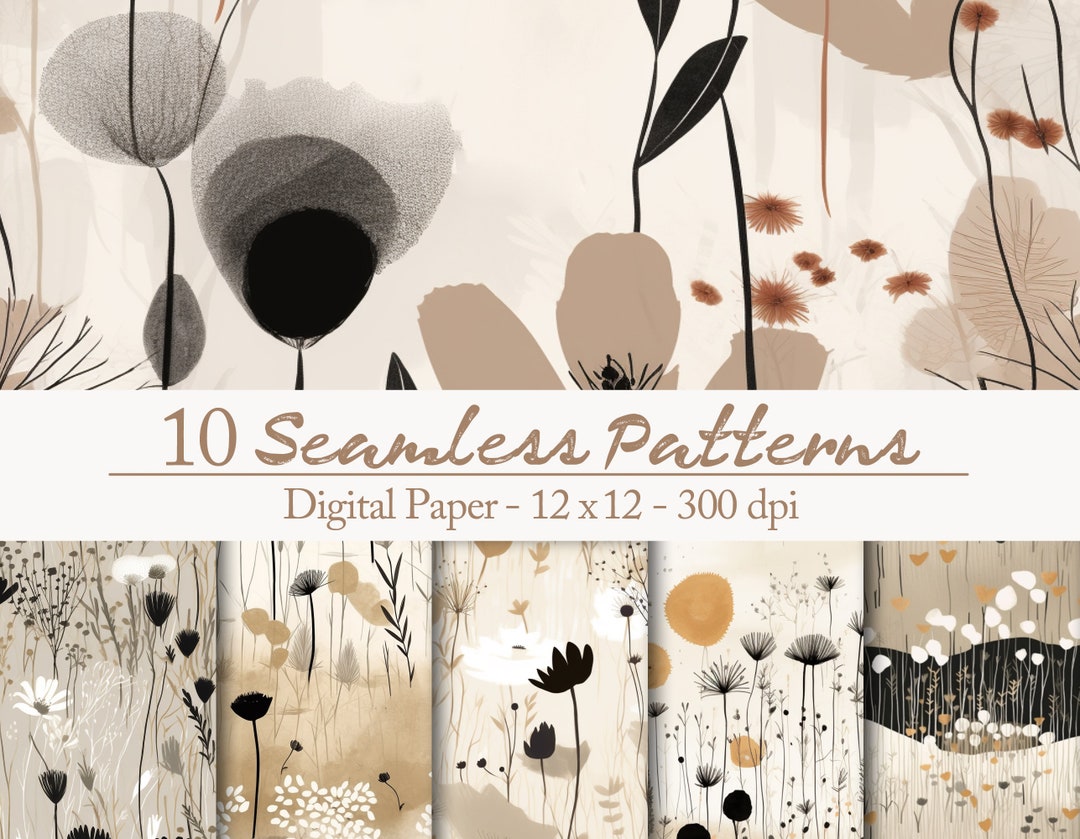 10 Boho Absctract Wildflowers Meadow Seamless Digital Papers Elegant ...