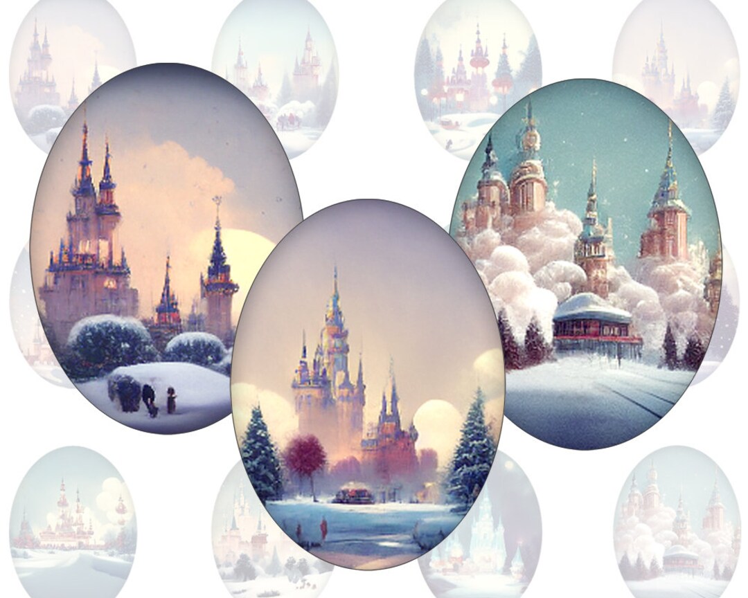 Digital Collage Sheet Winter Christmas Wonderland Castle Printable Oval ...