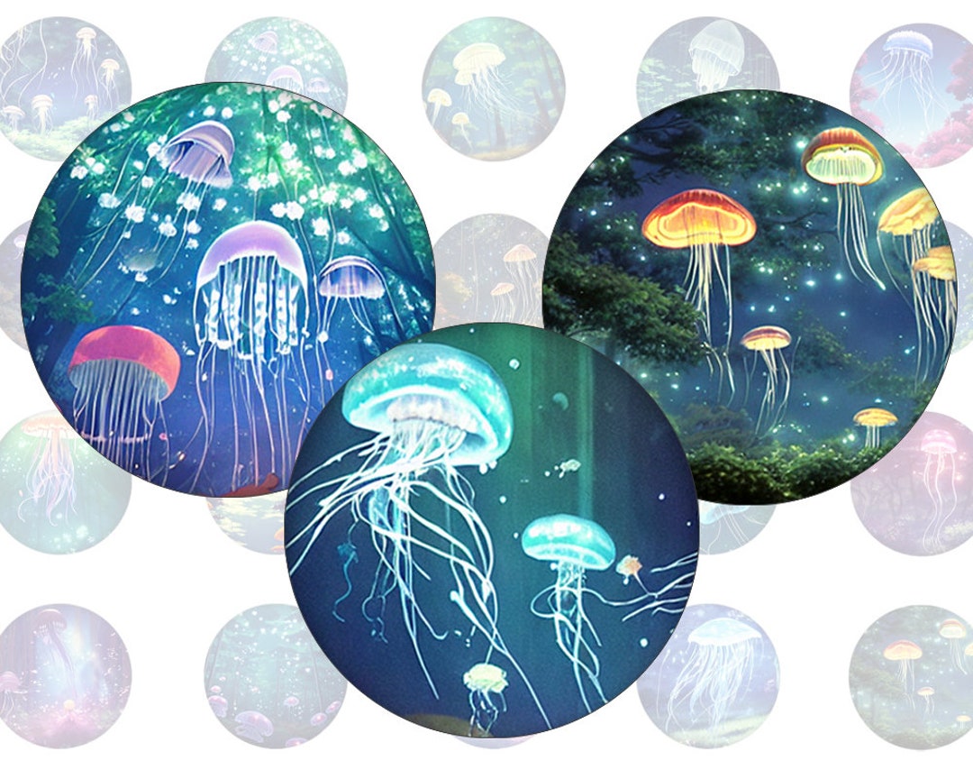 Digital Collage Sheet Jellyfish Forest Printable Round - Etsy