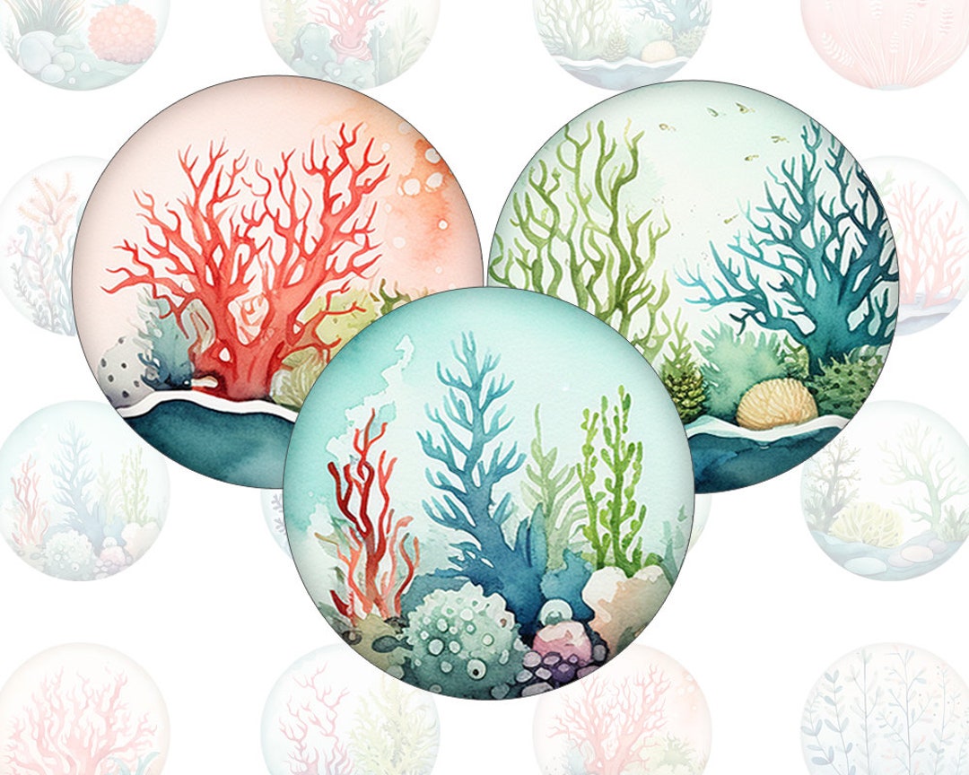 Digital Collage Sheet Coral Reef Maritime Sealife Printable Round Cirle ...