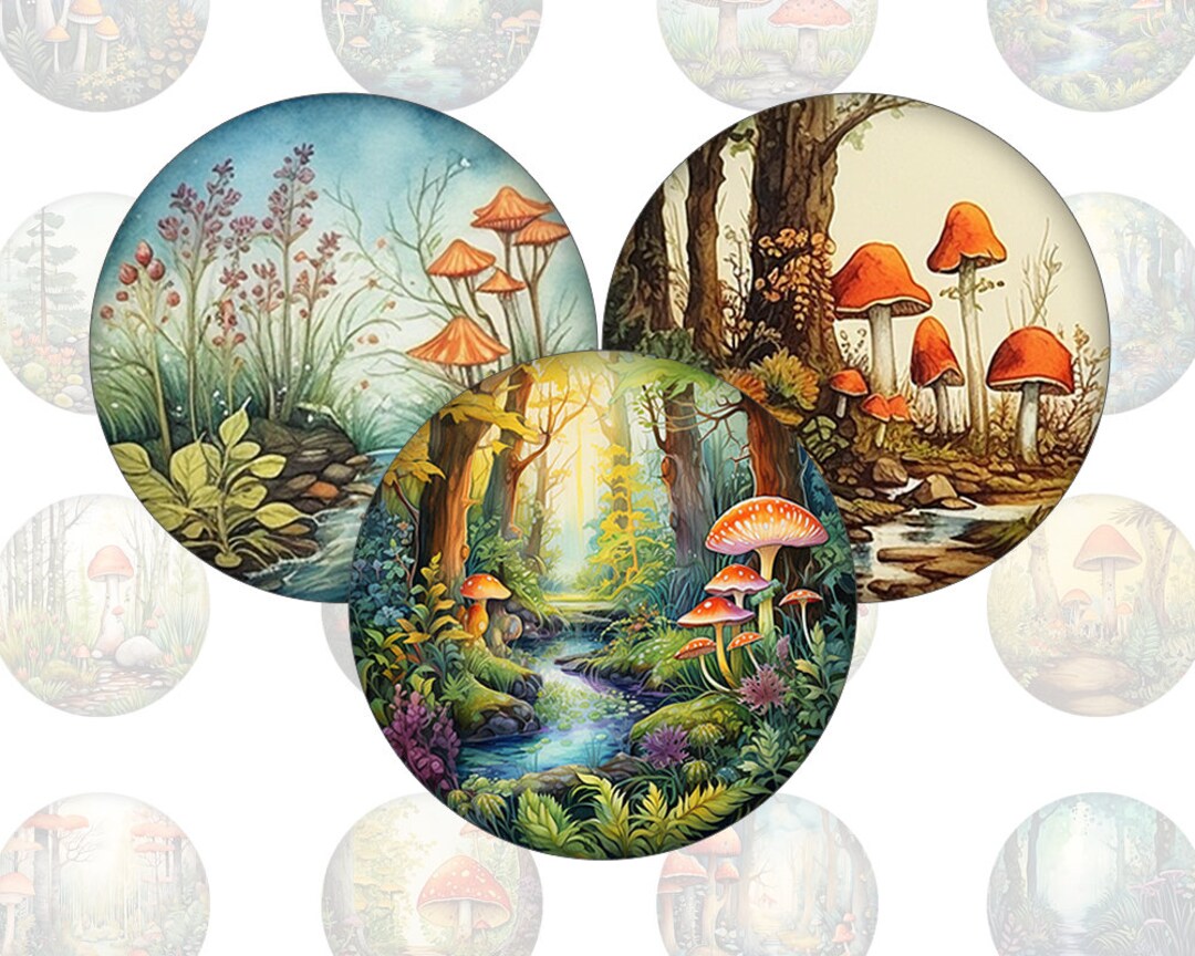 Digital Collage Sheet Fairytale Mushroom Forest Printable Round Cirle ...
