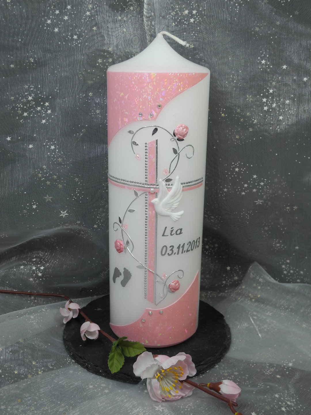 Baptismal Candle + Cardboard "cross With Flower Tendril Corners ...