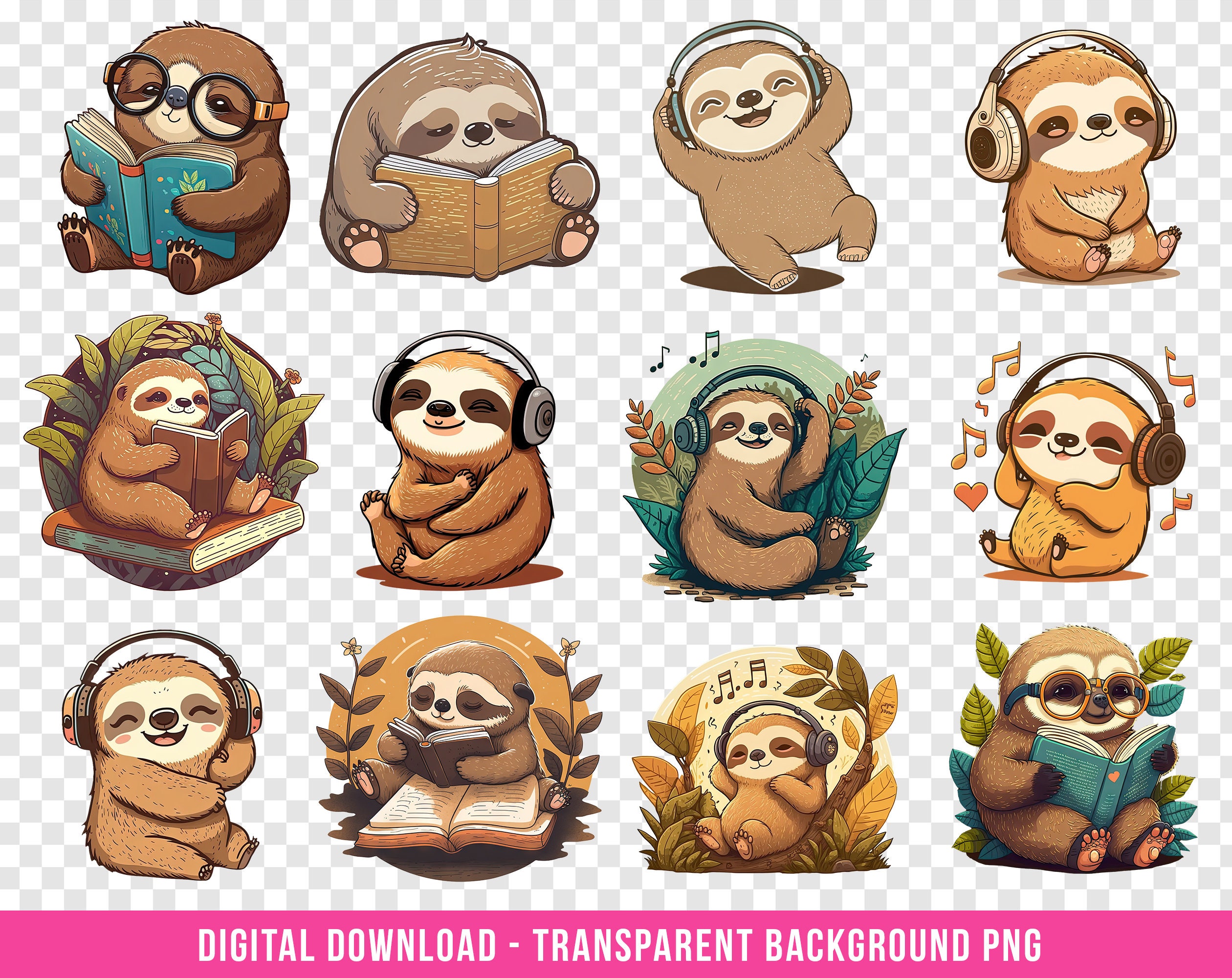 Sloth PNG Digital Download Bundle of 12 Designs Cute Animals Custom DTG ...