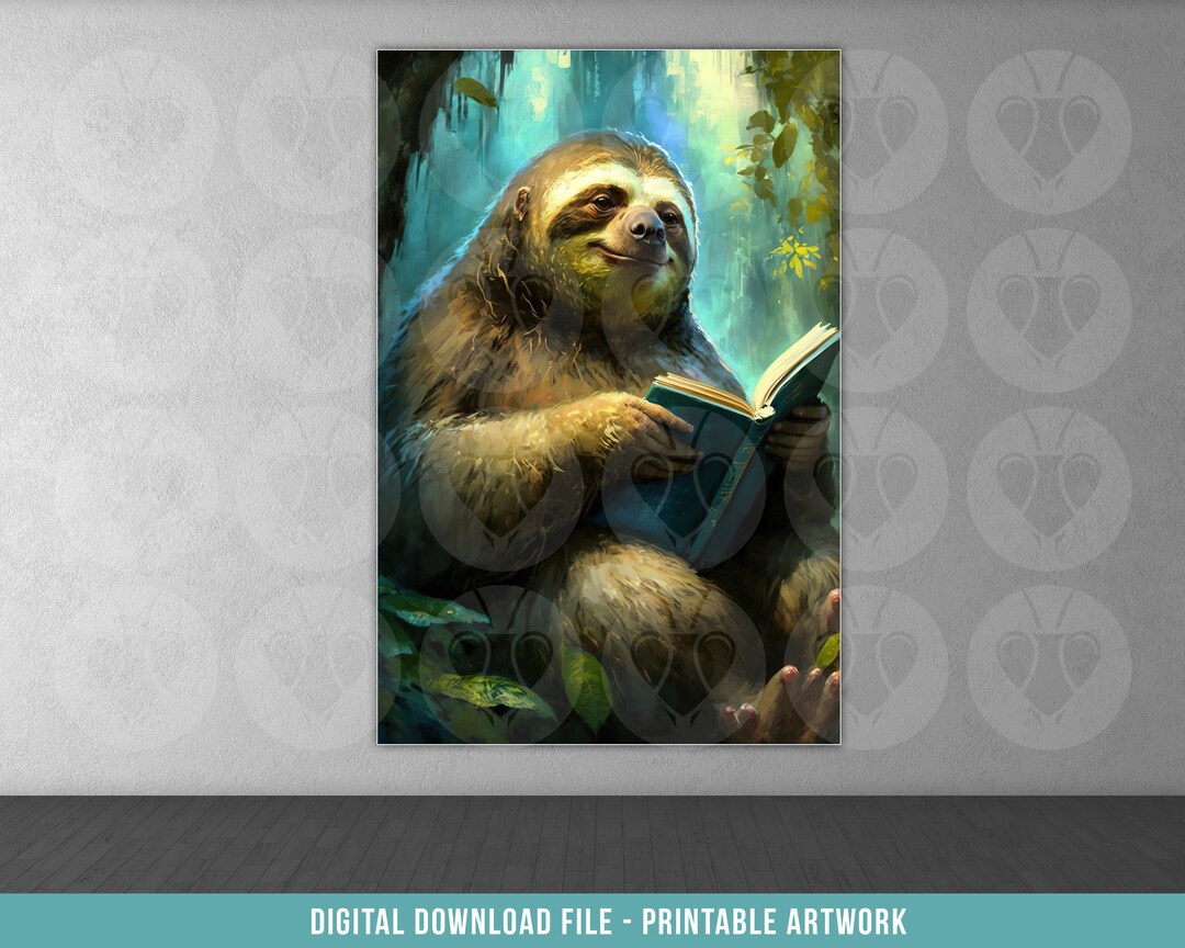 Sloth Library Printable File Poster - Reading Book Wall Art - Home Nook ...