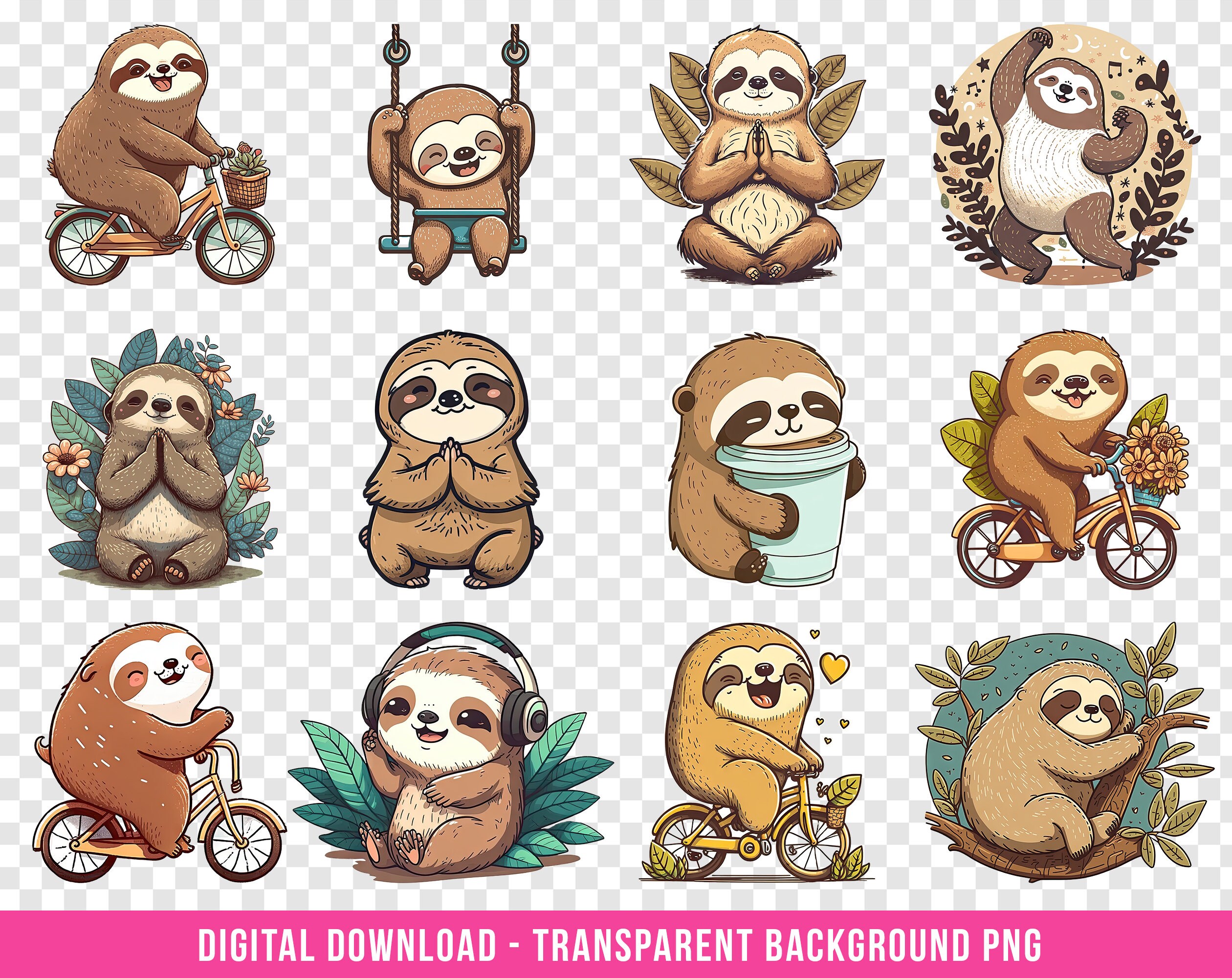 Sloth PNG Digital Download Bundle of 12 Designs Cute Animals - Etsy