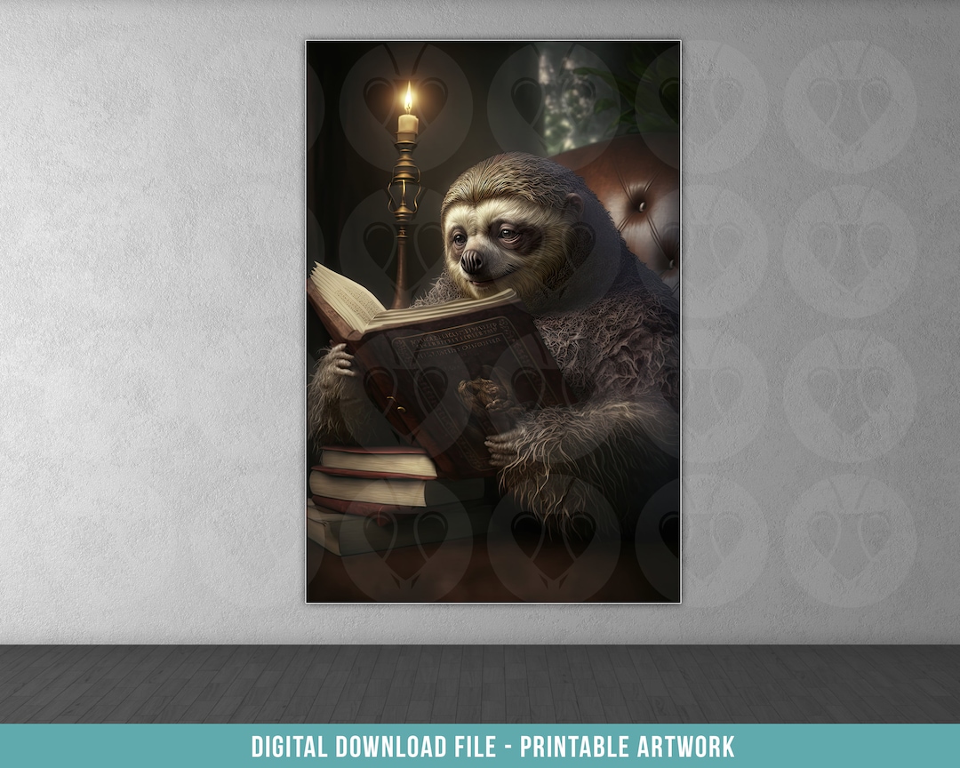 Sloth Library Printable File Poster - Reading Book Wall Art - Home Nook ...