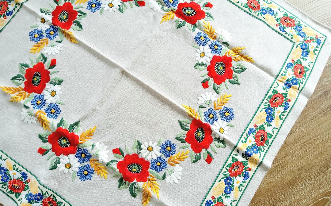Flowers, Poppies, Cornflowers, Grasses Embroidered Satin Stitch, Border ...