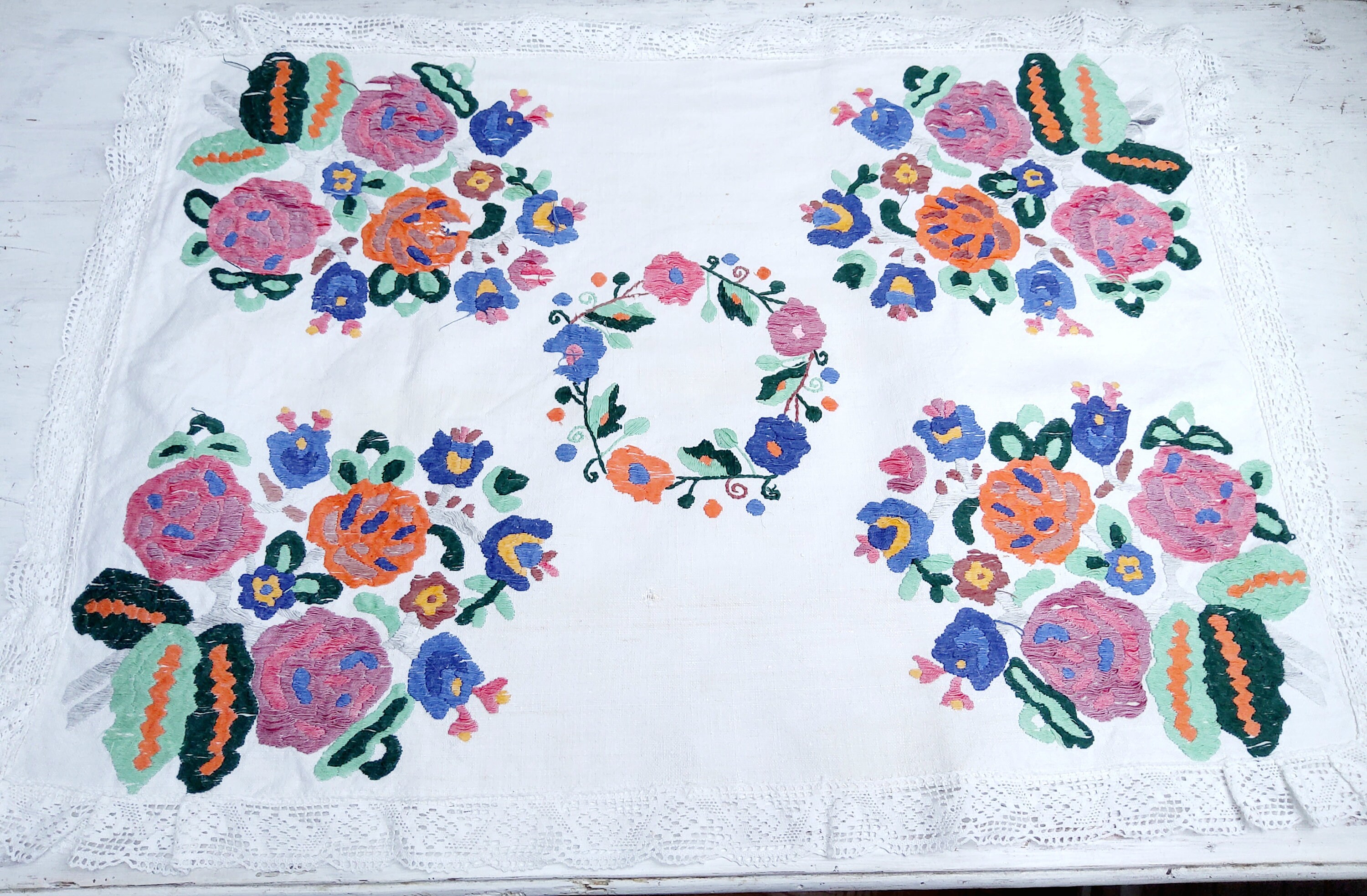 19th Century Antique Peasant Linen, Tablecloth/runner, Embroidered ...