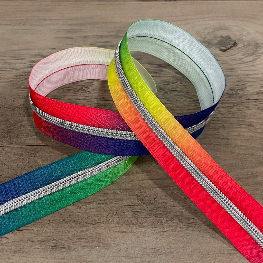Metallic Silver Teeth on Solid Rainbow Tape Nylon Zipper by the Yard ...