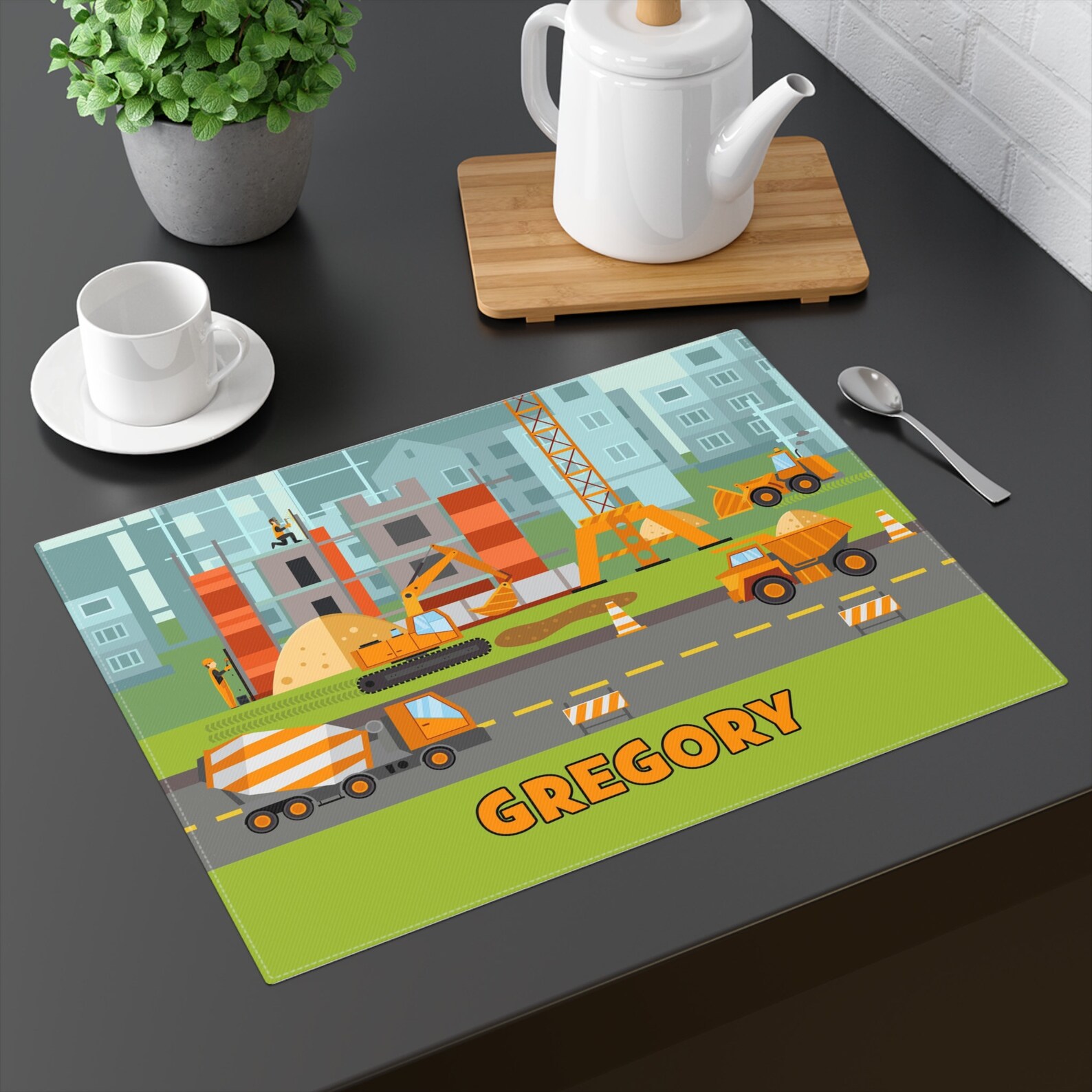 Editable Customized Placemats for Kids Bright Construction Art Vehicle ...