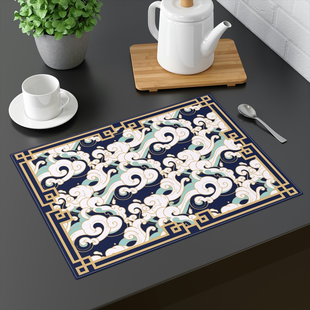 Chinoiserie Placemat Abstract Aesthetic Blue Clouds Table Decor, Blue ...