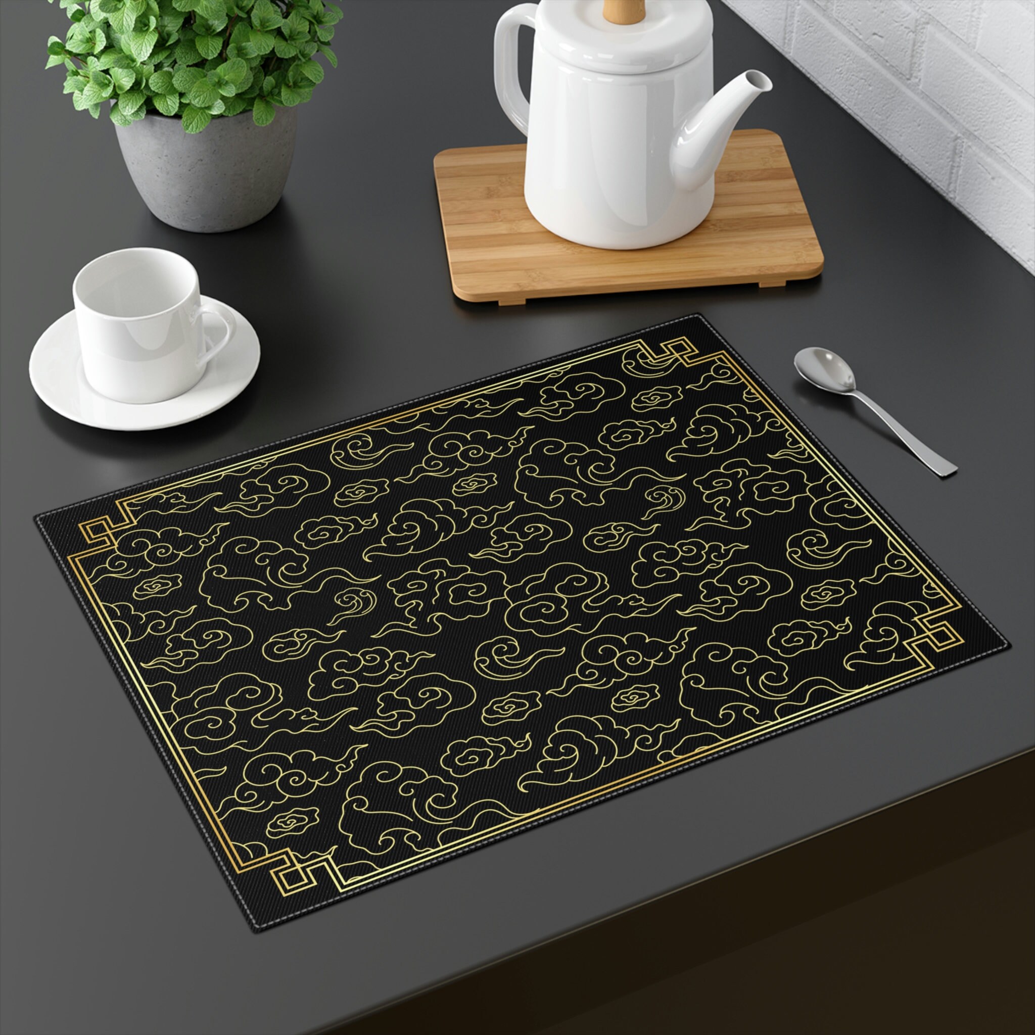 Chinoiserie Placemat Aesthetic Gold Clouds Dining Table Mat, Gold Black ...