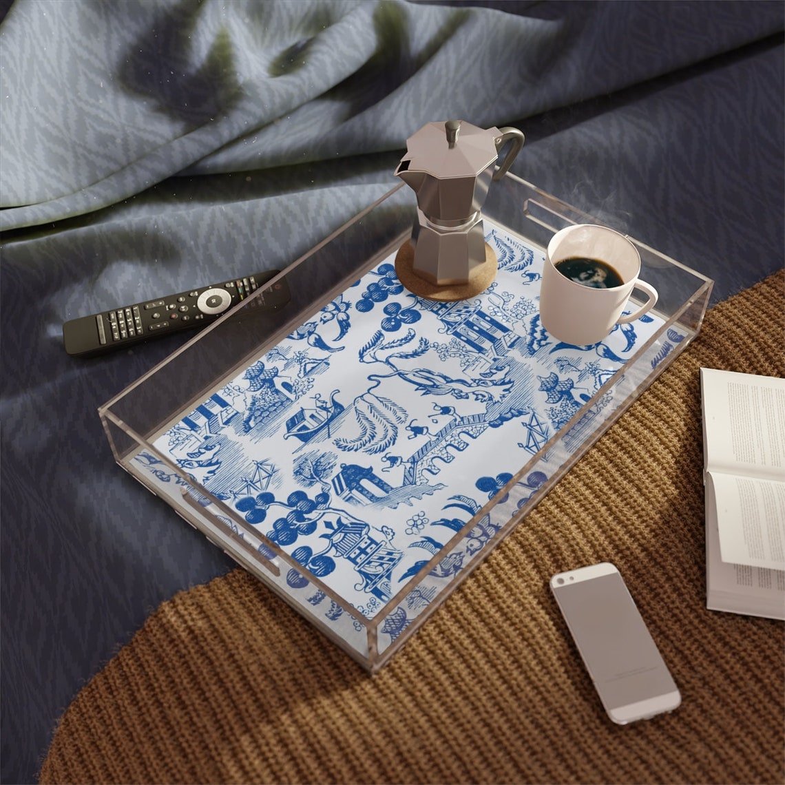 Blue Willow Chinoiserie Art Print Pattern Toile Pagoda Acrylic Serving ...
