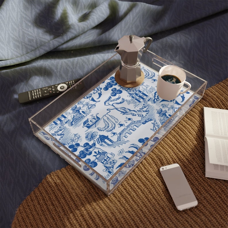 Blue Willow Chinoiserie Art Print Pattern Toile Pagoda Acrylic Serving ...