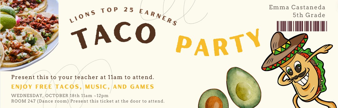 Taco Party Customizable Invitations (ticket Style) Great for School ...