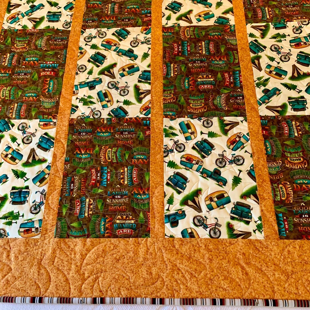 Handmade Throw Quilt, Camping Theme Blanket, Home Decor, Patchwork ...